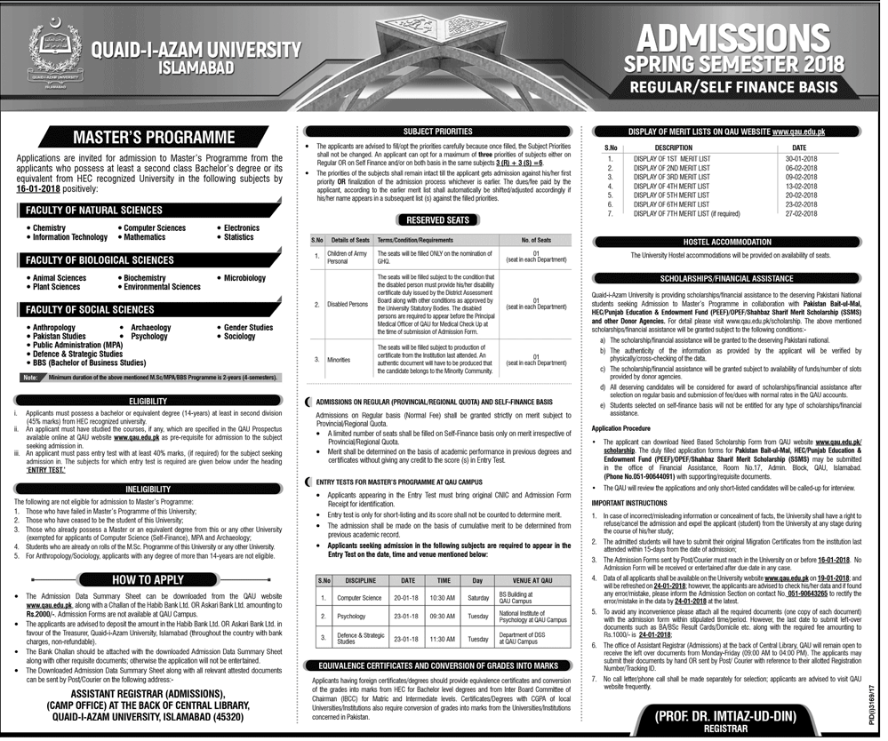 Quaid-e-Azam University Islamabad Admission 2018 Last Date, Fee Structure