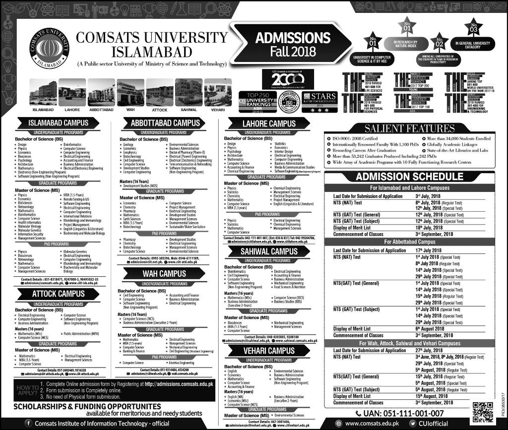 Comsats University Islamabad Admission 2018 Last date and Fee Structure