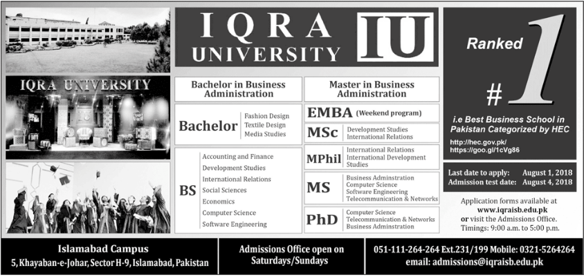 IQRA University Karachi Admission 2018 Last Date and Fee Structure