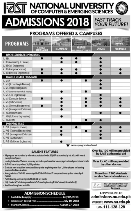 FAST University Islamabad Admission 2018 Last Date and Fee Structure