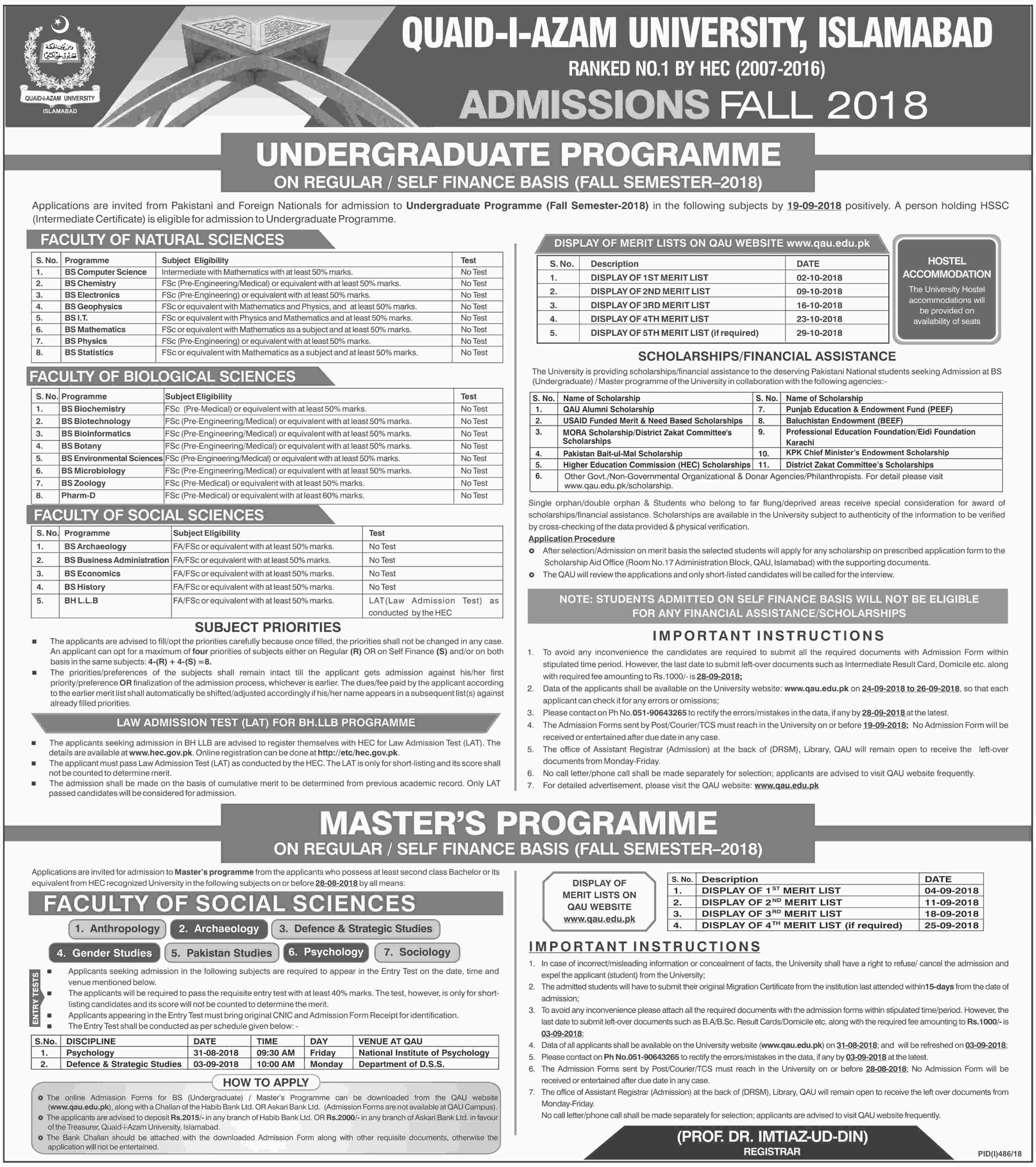 Quaid-e-Azam University Islamabad Admission 2018 Last Date, Fee Structure