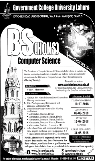 GC University Lahore Admission 2018 Last Date and Fee Structure
