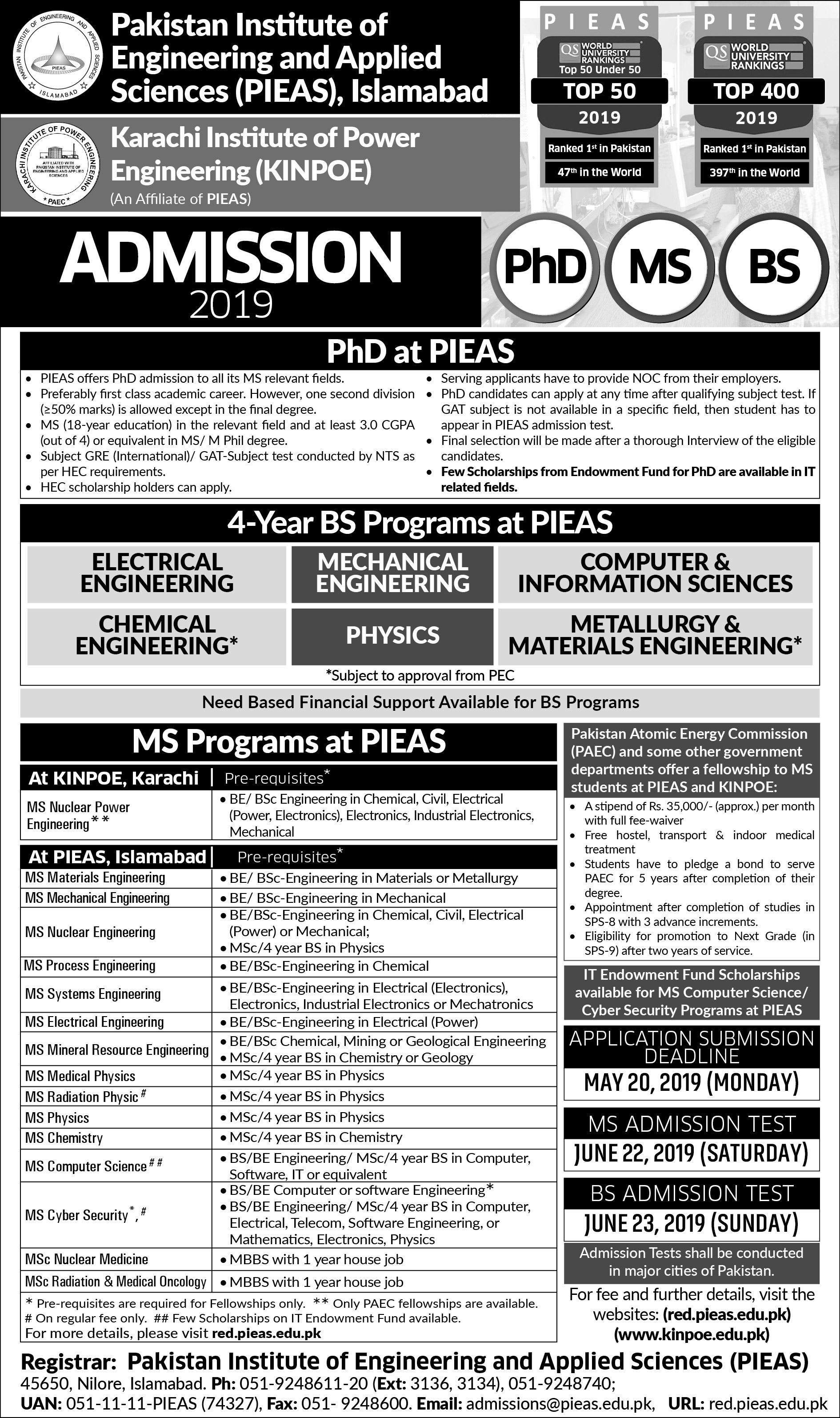 PIEAS Admission 2019 Last Date and Fee Structure