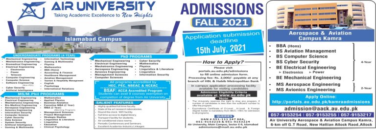 AU Air University Islamabad Admission 2021 Last Date and Fee Structure