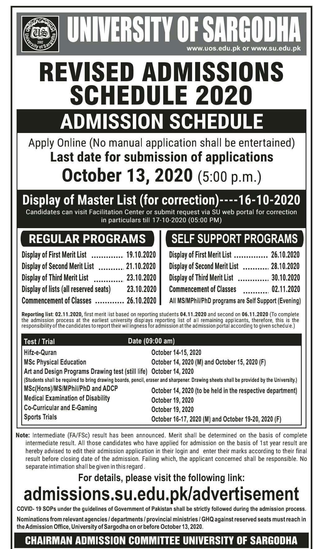 UOS University of Sargodha Admission 2020 Last Date and Fee Structure