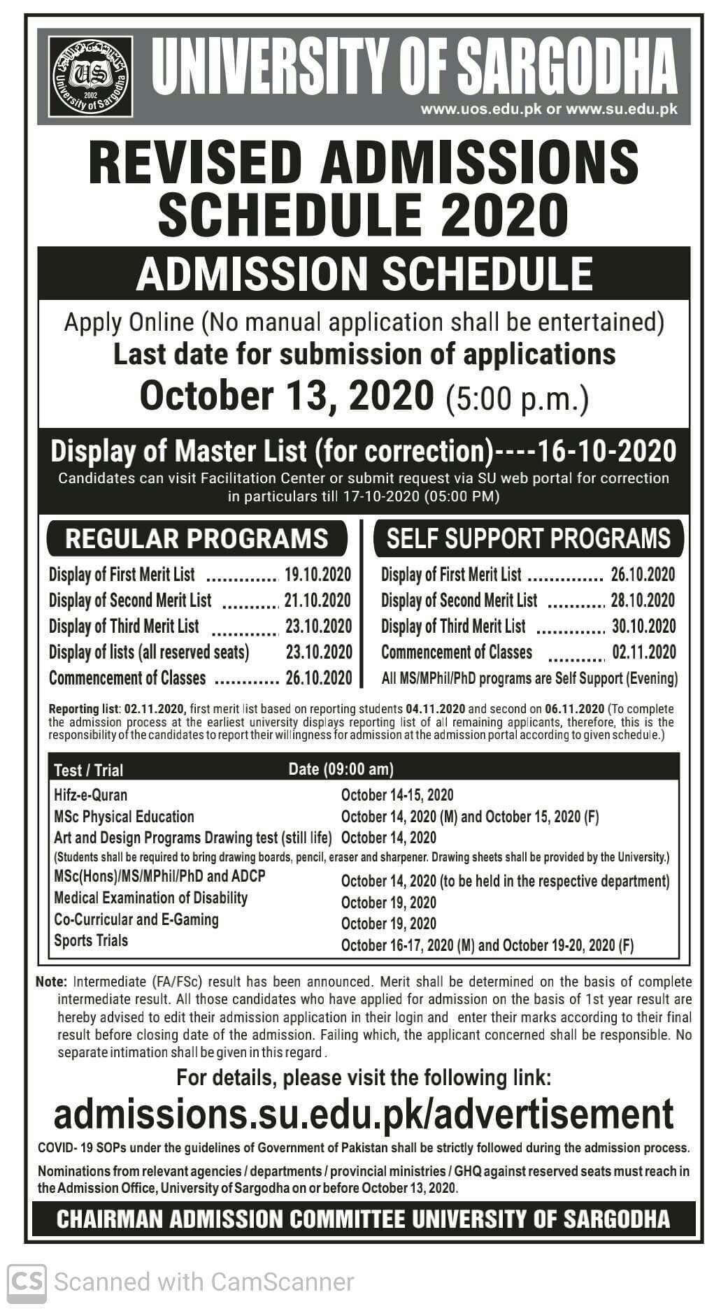 UOS University of Sargodha Admission 2020 Last Date and Fee Structure