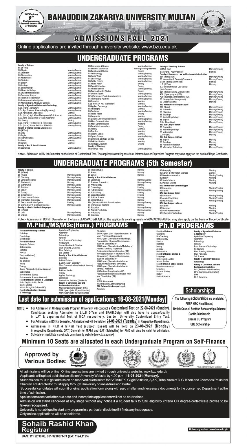 BZU Multan Admission 2021 Form Last Date and Fee Structure