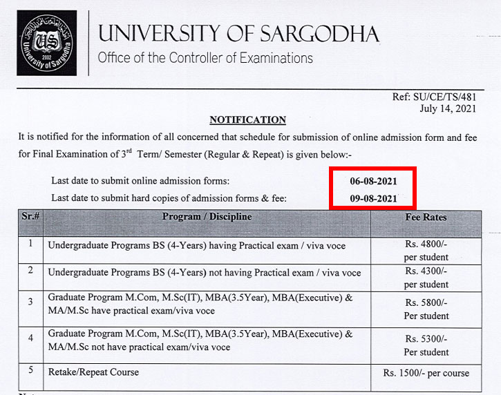 UOS University of Sargodha Admission 2021 Last Date and Fee Structure