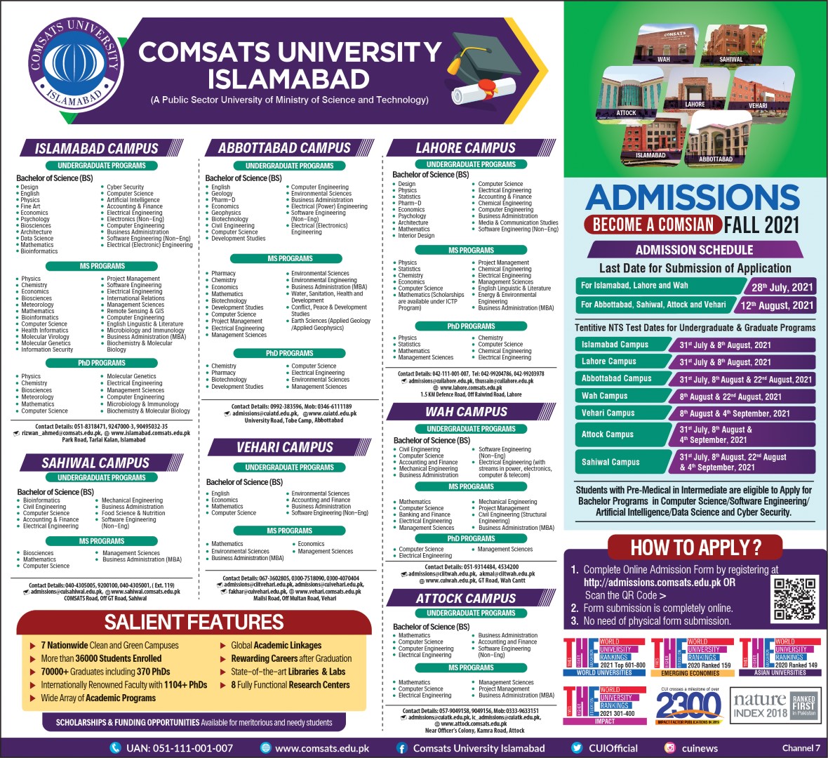 Comsats University Islamabad Admission 2021 Last date and Fee Structure