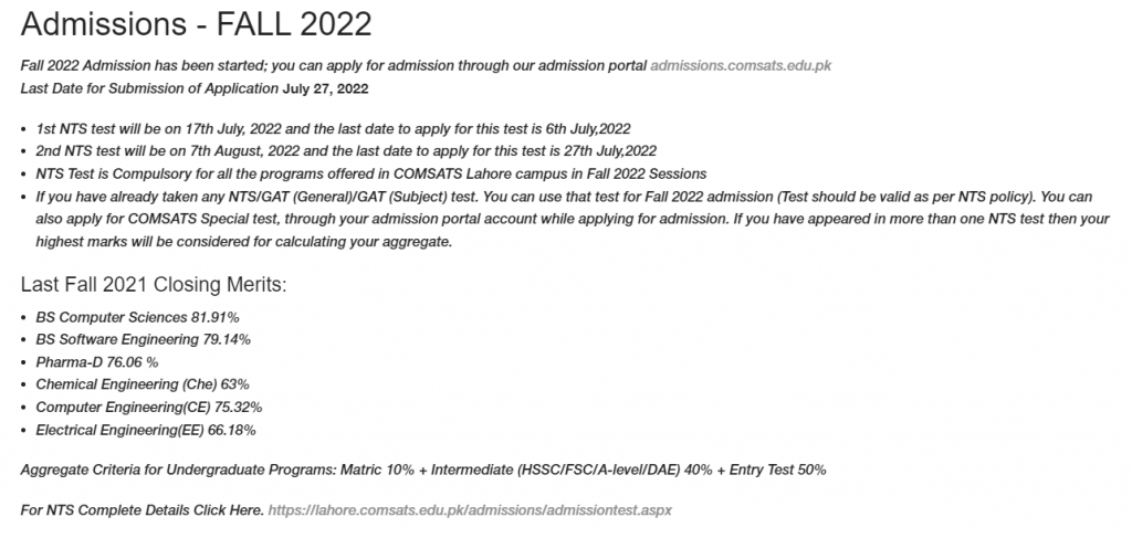 COMSATS Lahore Admission 2022 Last Date Fee Structure [Complete Guide]