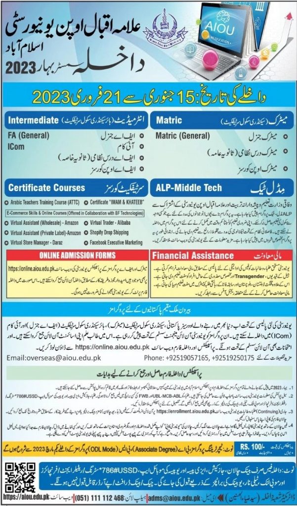 AIOU Admission 2023 Last Date and Admission Form Download FA, BA, MA, Matric