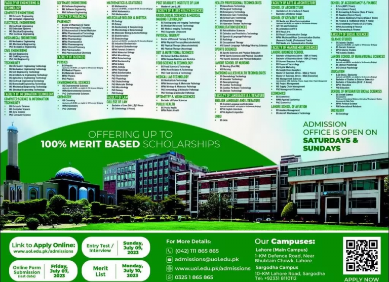 UOL University of Lahore Admissions 2023 Last Date and Fee Structure