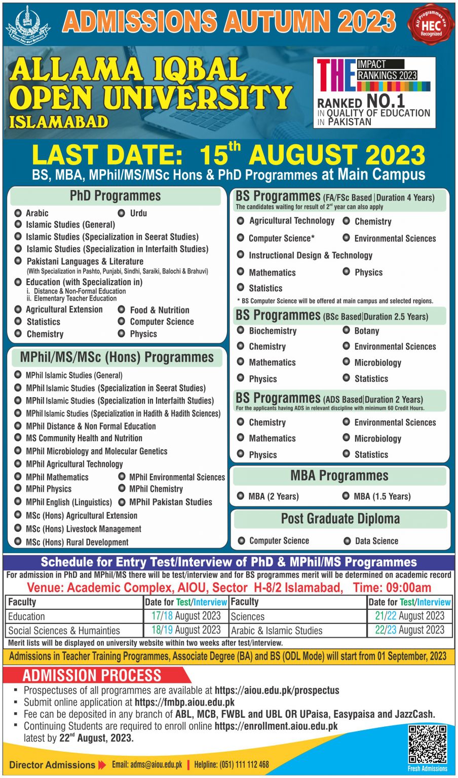 AIOU Admission 2023 Last Date and Admission Form Download FA, BA, MA, Matric