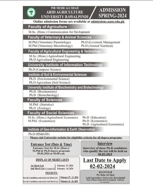 Arid Agriculture University Rawalpindi Admission 2024 Last Date and Fee ...