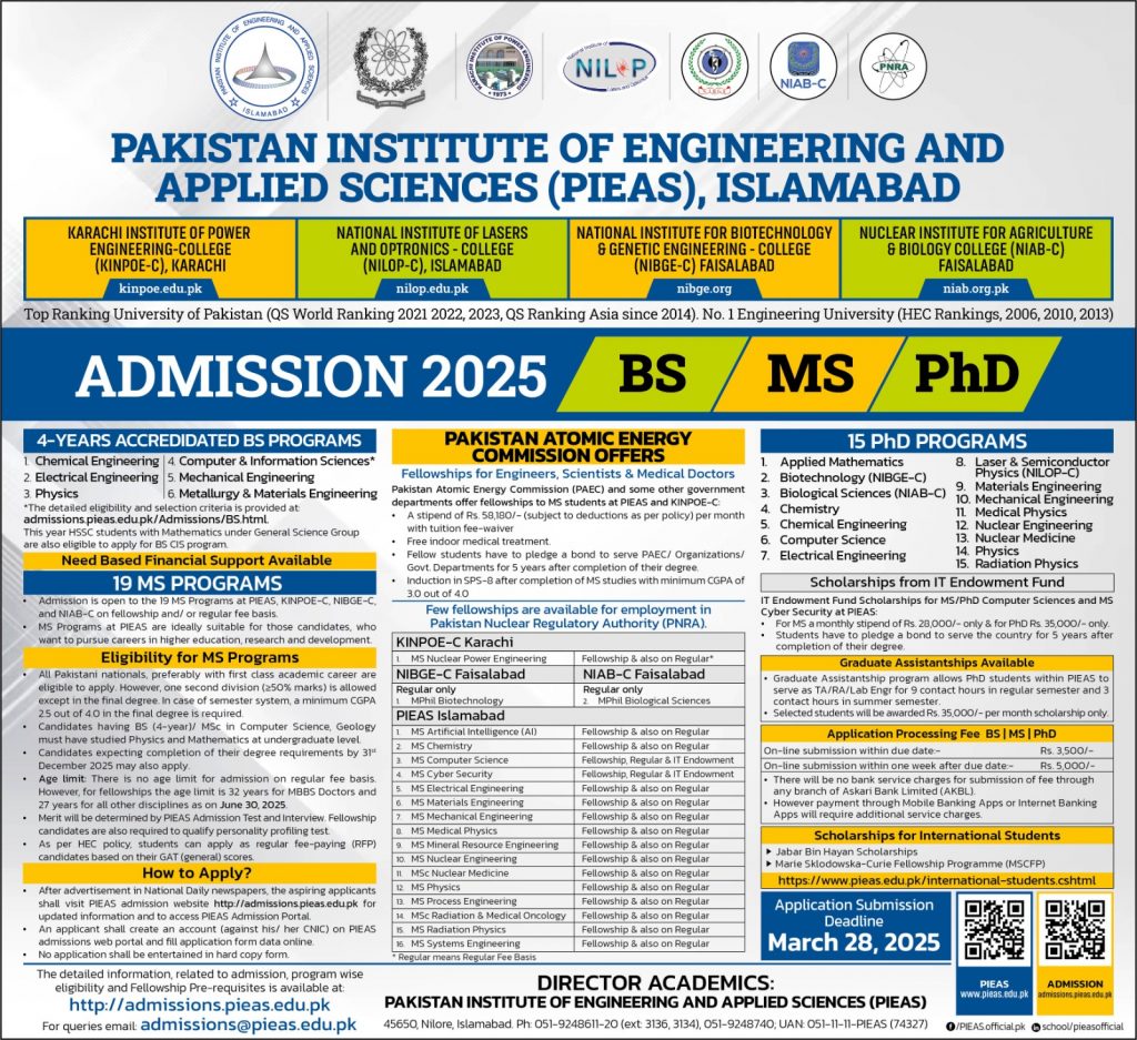 PIEAS Admission 2025 Last Date and Fee Structure