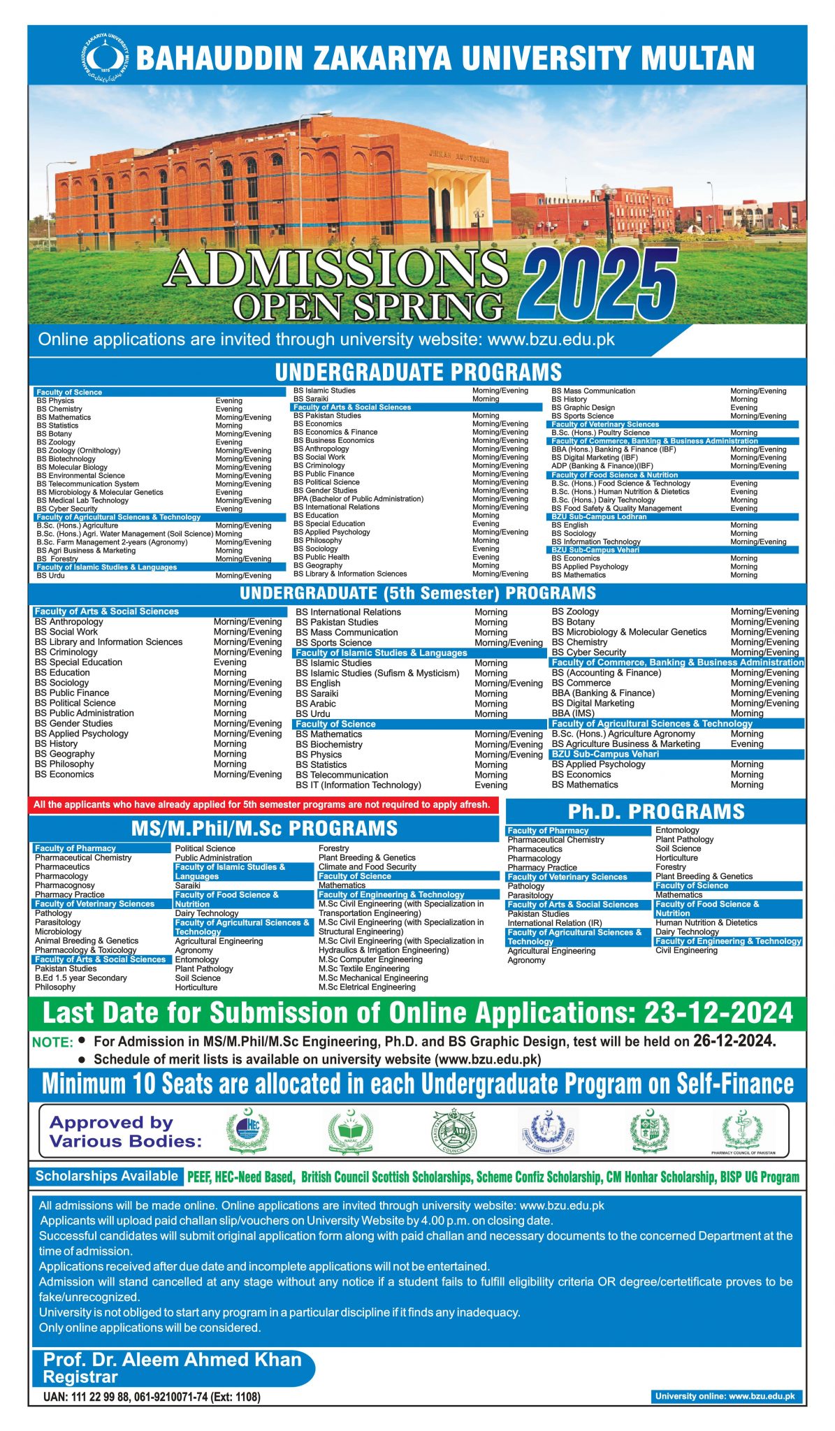 BZU Multan Admission 2025 Last Date and Fee Structure